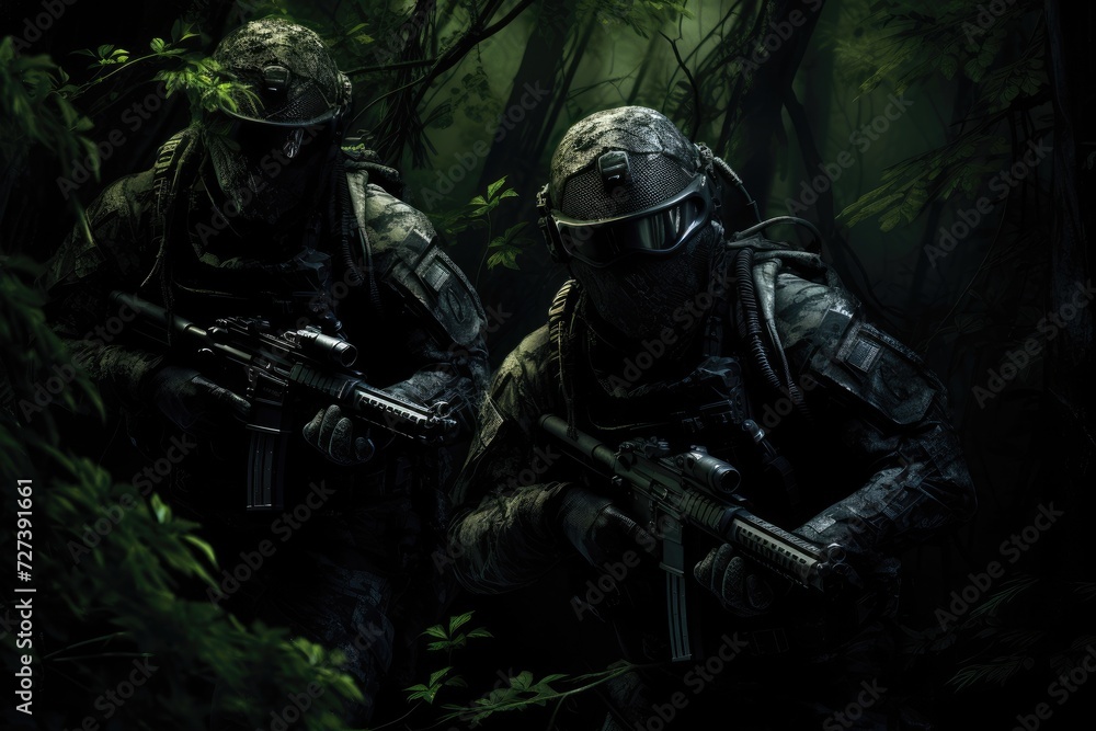 Soldiers Walking Through Forest, Brave Warriors, Stealthy Shadows, Elite soldiers in camouflage ...