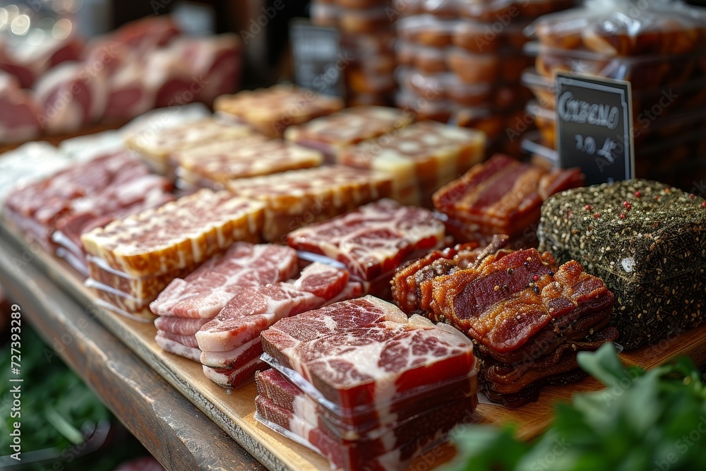 A mouthwatering display of cured red meats, glistening with animal fat ...