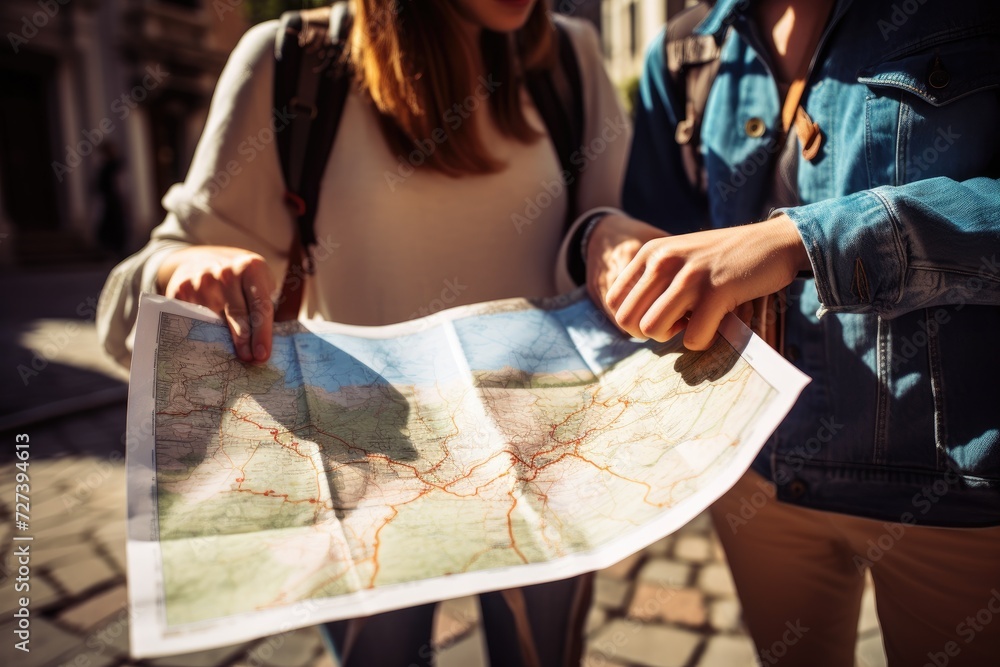 A couple of people standing outdoors, engaged in studying a map to find ...