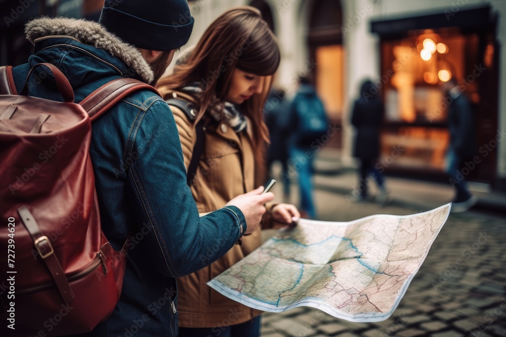 Two individuals carefully studying a map to find their next destination ...