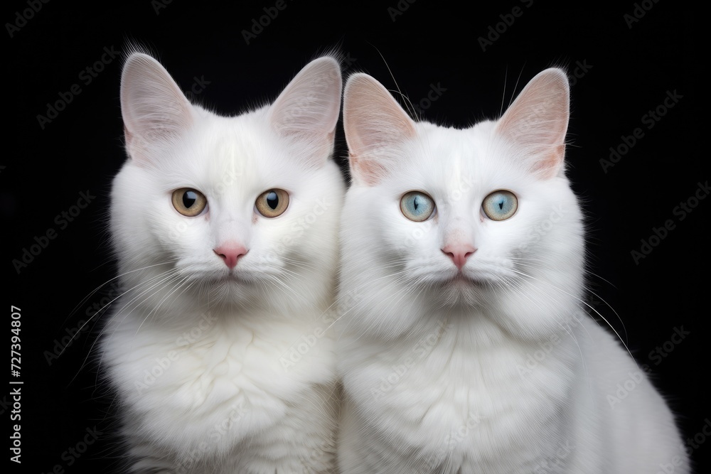 Two beautiful white cats with mesmerizing blue eyes peacefully sitting ...