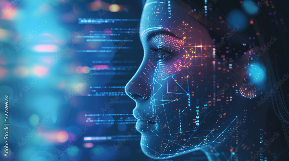 Digital representation of a human profile with graphic overlays ...