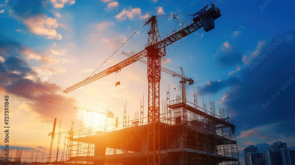 Construction crane towering over a skyscraper high-rise building ...
