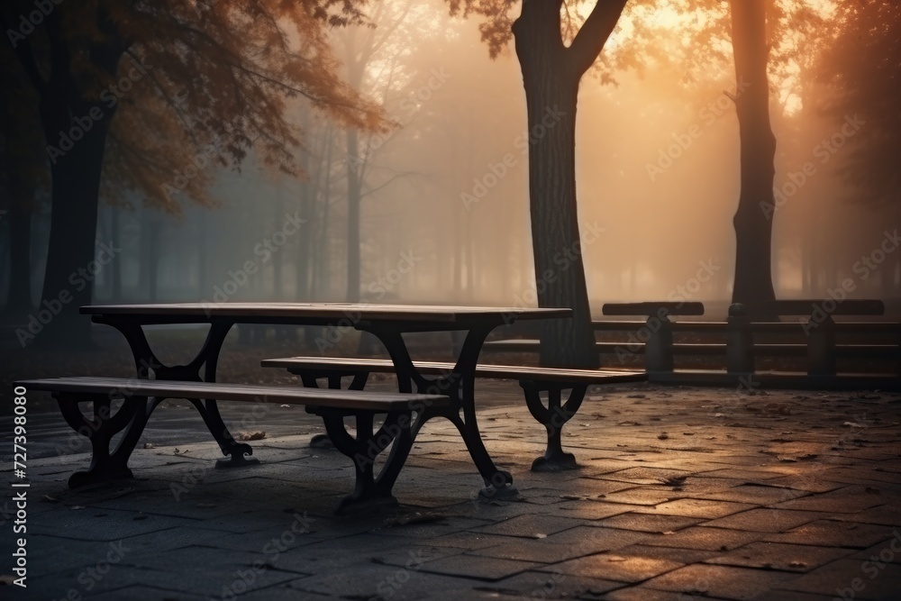 Two wooden benches placed together in a park, creating a quiet spot for ...