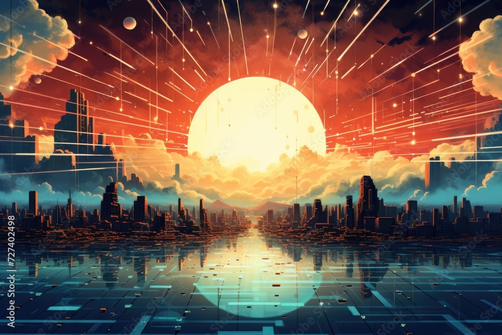 A stunning digital painting depicting a vibrant sunset backdrop ...