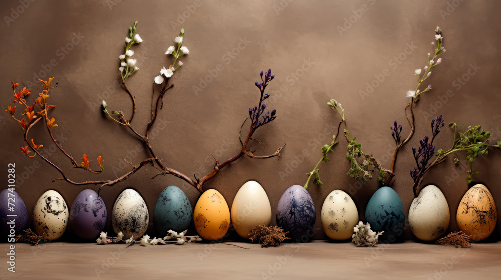 Background for Easter with many speckled eggs among blooming ...