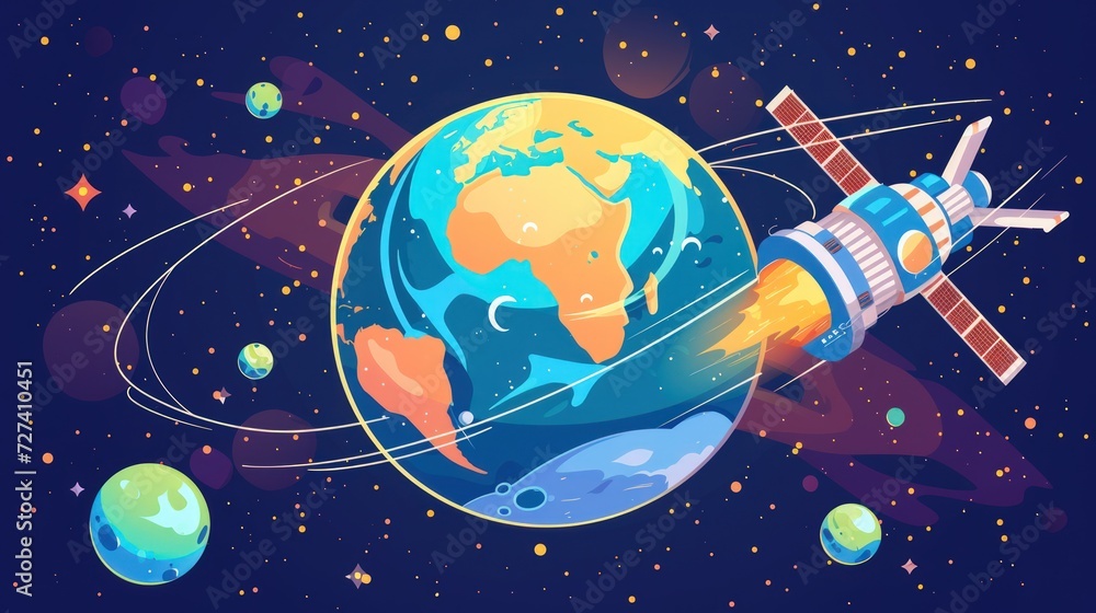 Illustration Earth in outer space with satellite space ship on cartoon ...