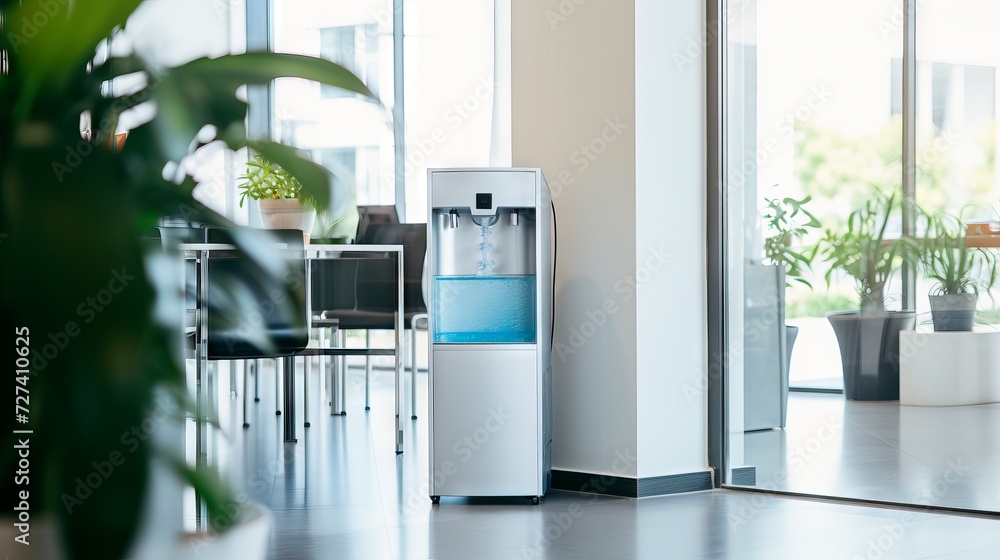 Modern office water cooler in bright workspace. Concept of hydration ...