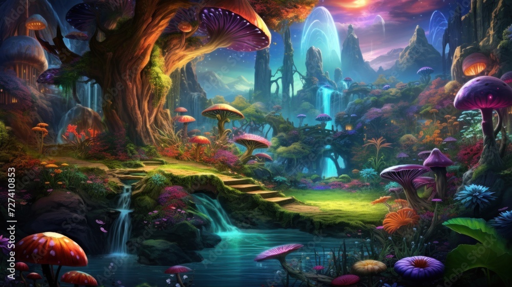 Enchanted forest landscape with magical mushrooms and waterfalls ...