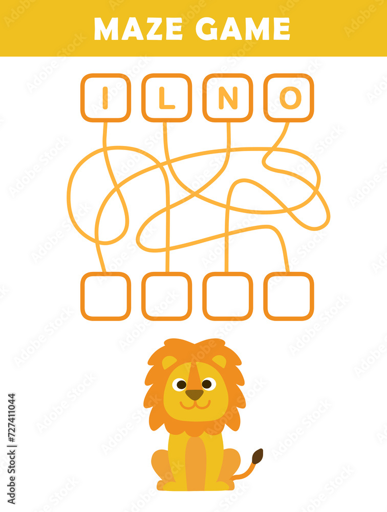 Word maze worksheet for kids with cute lion illustration. Labyrinth ...
