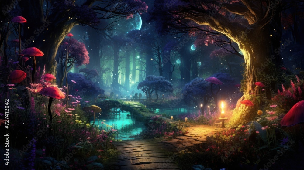 Enchanted forest pathway with mystical lighting and fantasy ambience ...