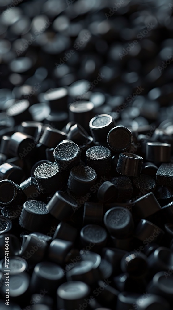 Black plastic pellets of uniform texture, very small and shiny. Polymer ...