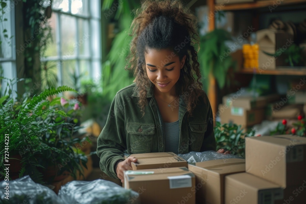 A young woman gazes out the window, clutching a box tightly in her ...