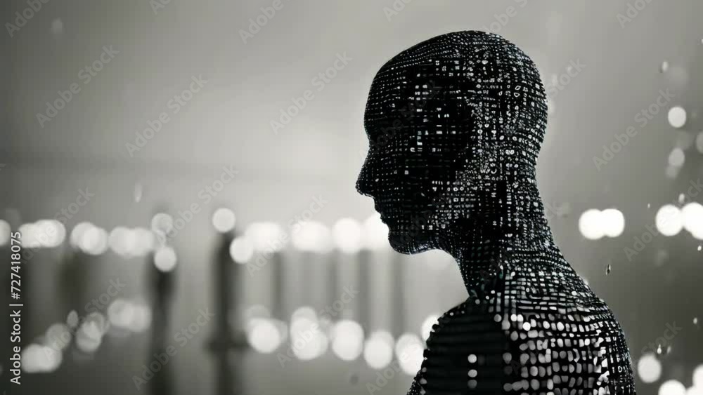 profile of a man made of pixels and codes standing outside in the rain ...