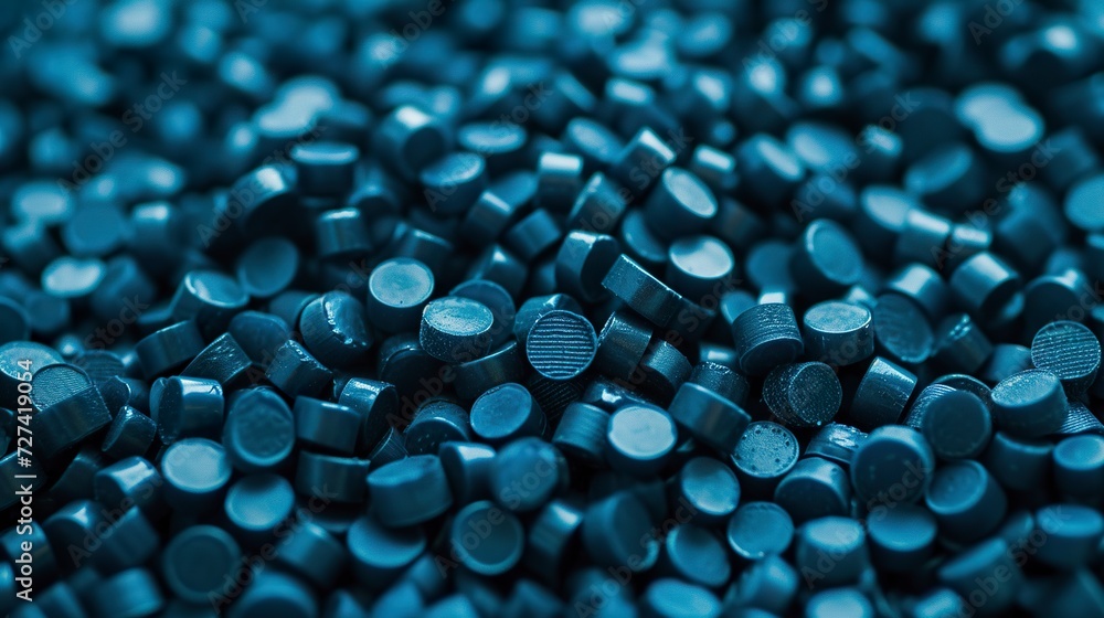 Blue plastic pellets of uniform texture, very small and shiny. Polymer ...