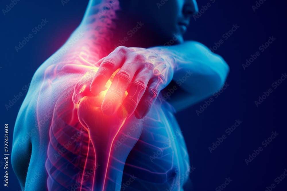 man with pain in their shoulder joint. Side view of muscular man ...