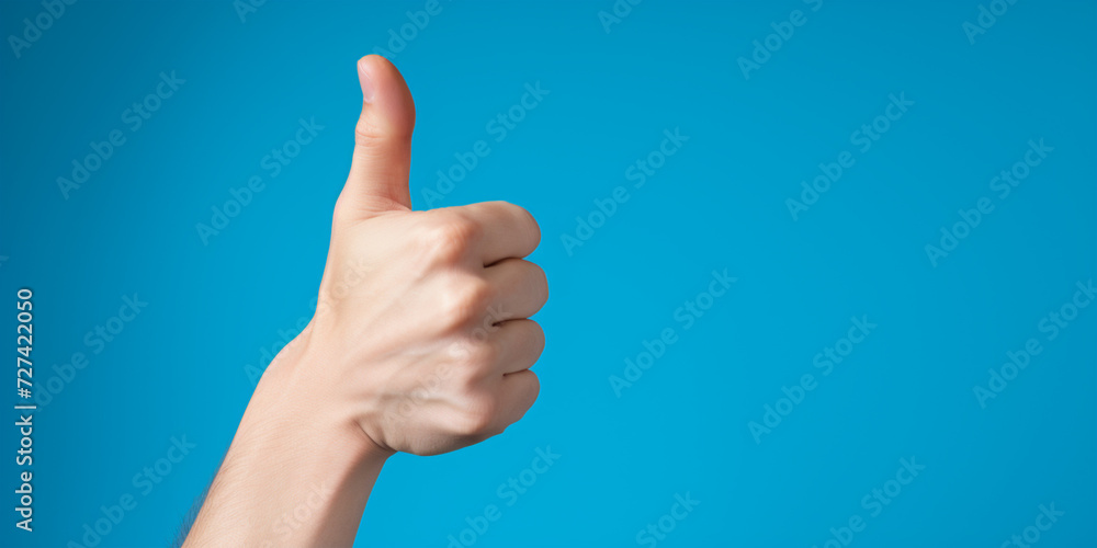 Hand makes thumbs up gesture on blue background. The gesture is all ...