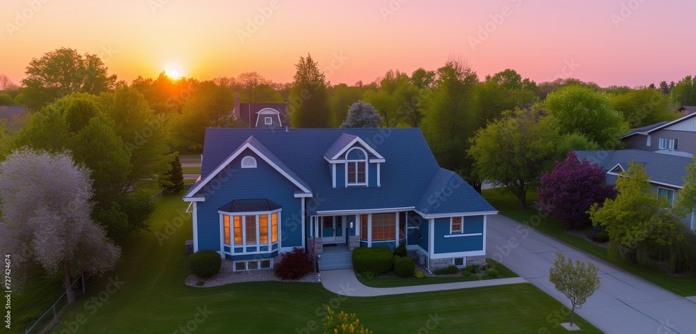 Drone aerial view of a royal blue suburban house with classic windows ...