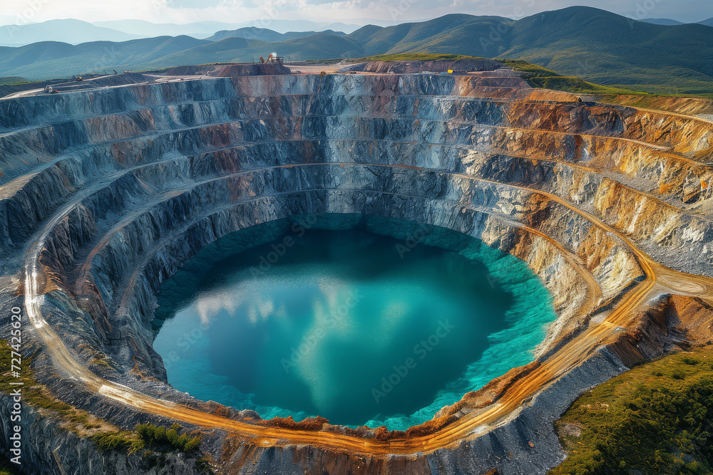 Aerial view of an open-pit mine, showcasing the scale of human ...