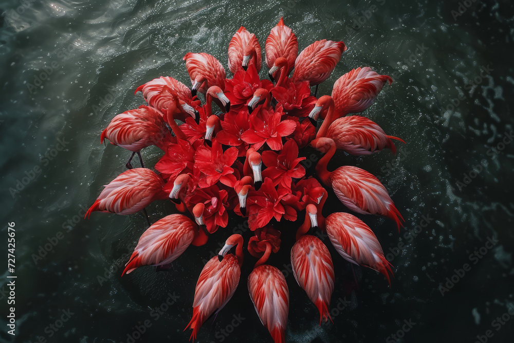 Overhead image of a flamingo flock in a lake, capturing the wildlife ...