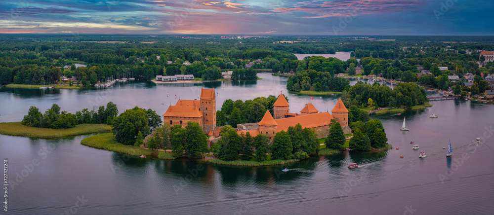 Aerial view of Trakai, over medieval gothic Island castle in Galve lake ...