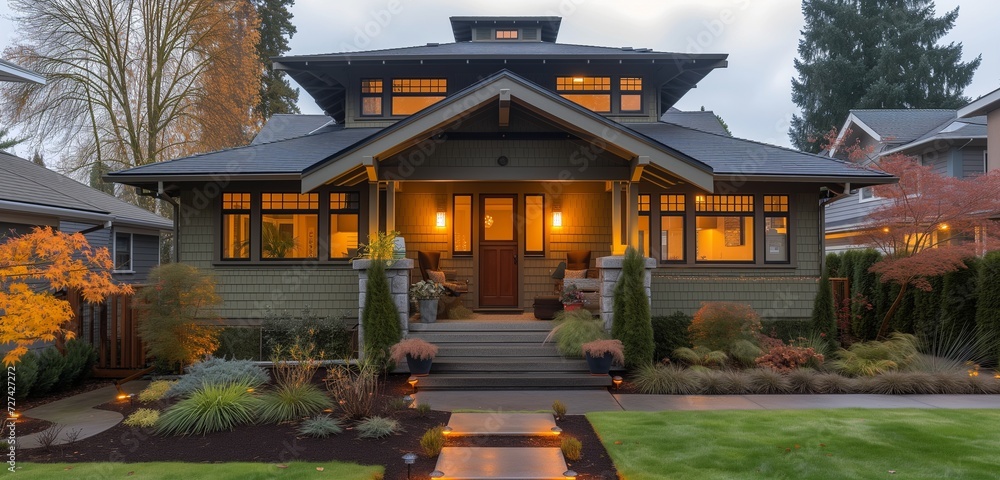 Full front view of an olive green craftsman house, twilight setting ...