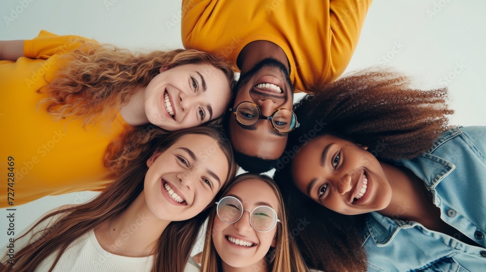 A diverse group of friends joyfully pose in front of a vibrant wall ...