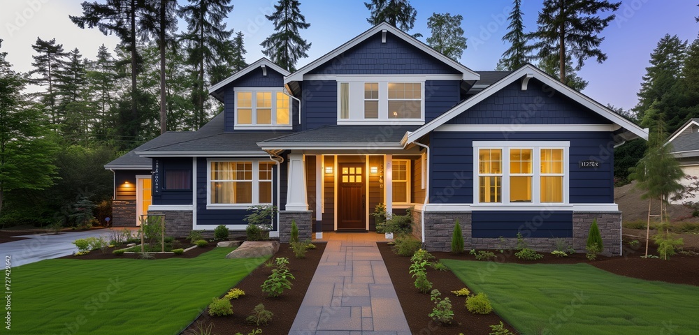 Navy blue suburban home with traditional windows, on a large land ...