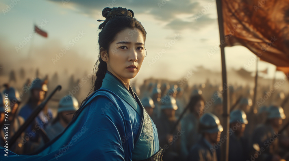 During the golden hour, a female Chinese warrior wearing a blue robe ...