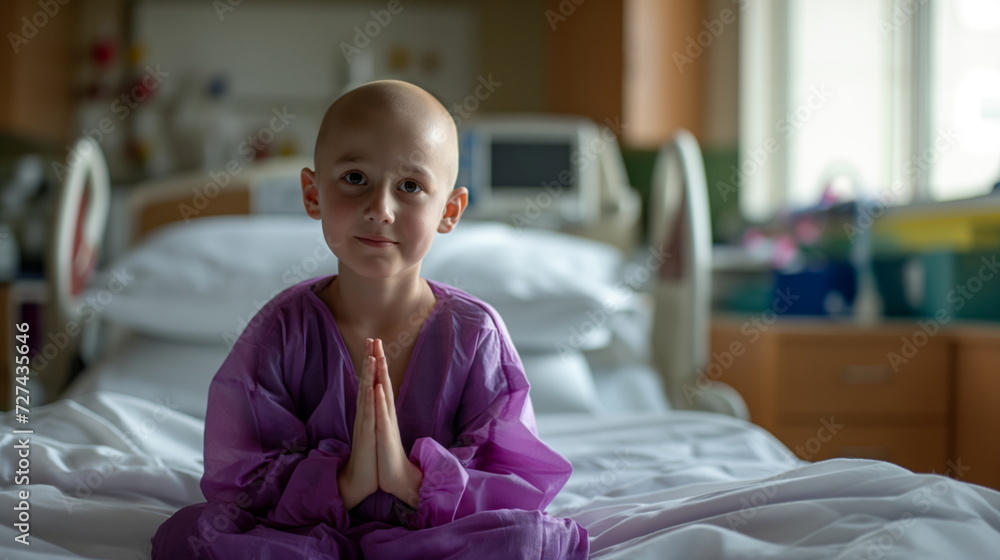 Child cancer patient sitting on hospital bed. Young bald boy with ...