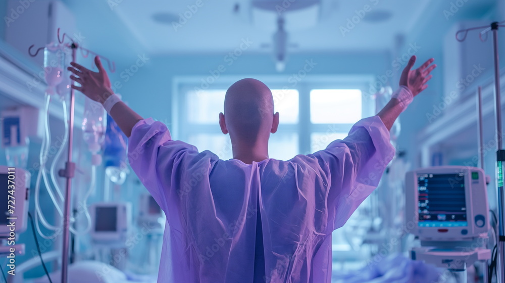 Back view of male cancer patient raising hands up in a hospital ward ...