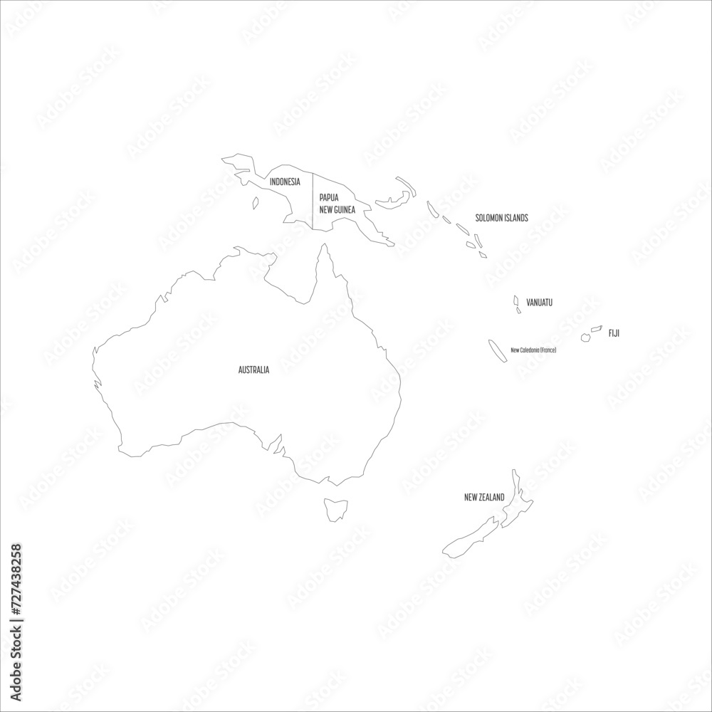 Political map of Australia. Thin black outline map with country name ...