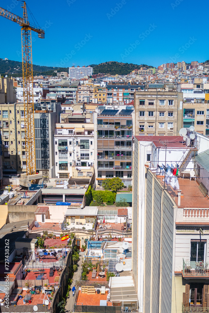 High up view of Barcelonas European city neighbourhoods with various ...