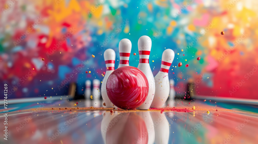 ภาพประกอบสต็อก Bowling alley with neon lights and bowling ball in the ...