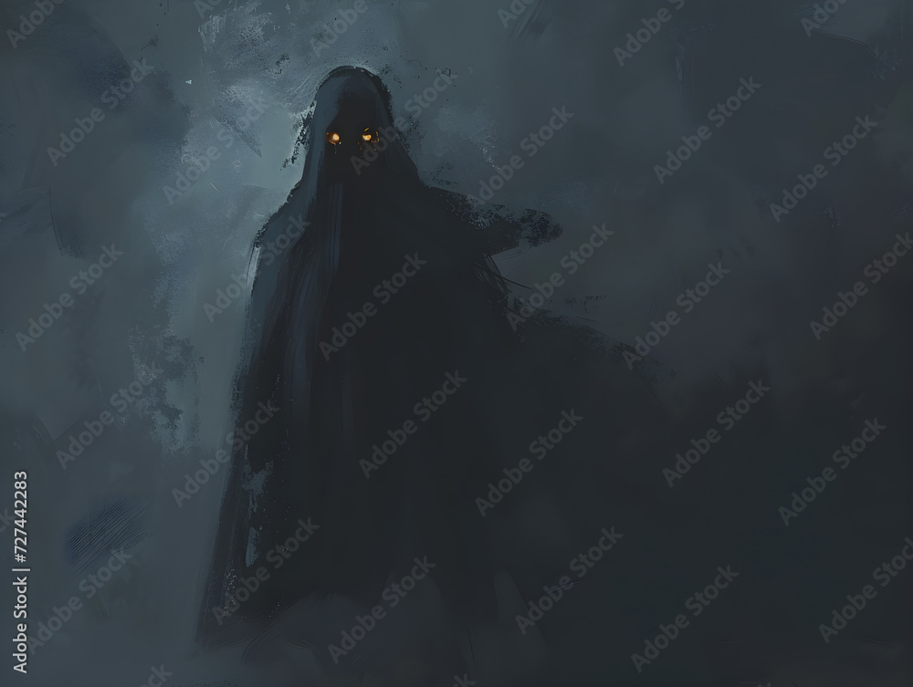 Mysterious Cloaked Figure with Glowing Eyes in Shadowy Night - Enigmatic Dark Persona Portrait ...