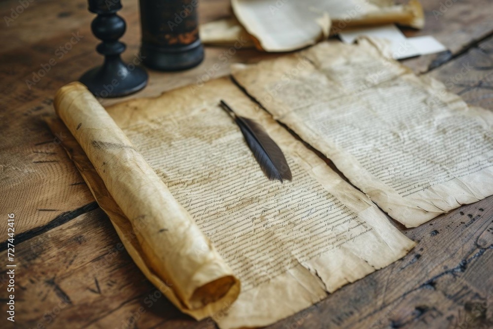 Ancient manuscript of the bible with quill and ink on a rustic table ...