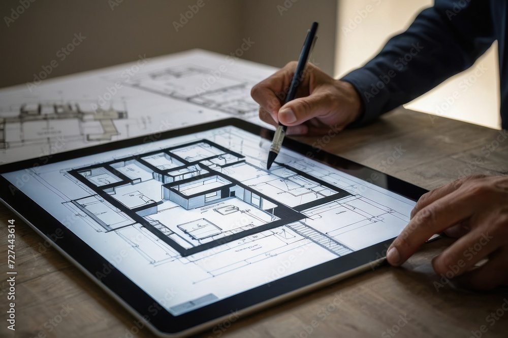 Architect engrossed in designing blueprints, using a computer and ...