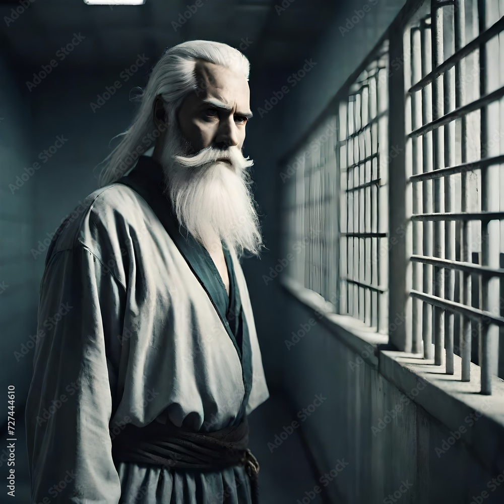 a death row inmate with long white hair and a beard in a jail or prison ...