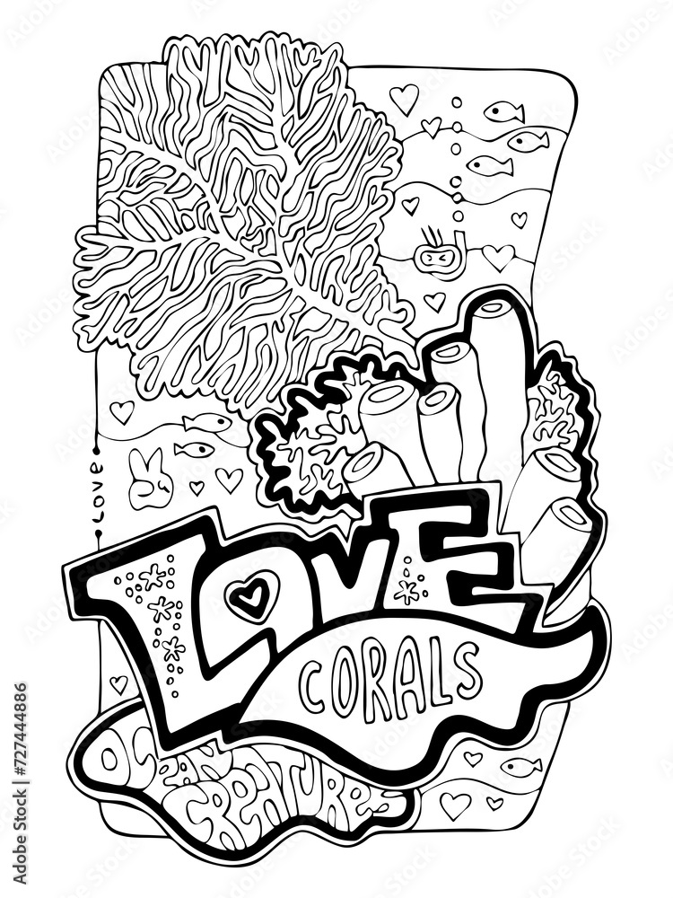 Ocean animals coloring book page. Colouring pages set for adults and ...