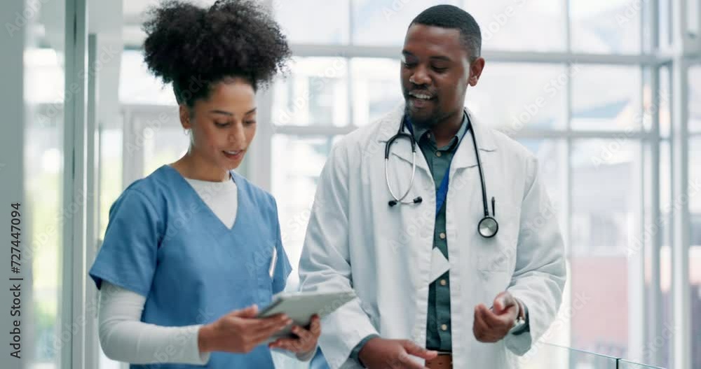 Stockvideo Doctor, nurse and planning on tablet for healthcare research, hospital teamwork and ...