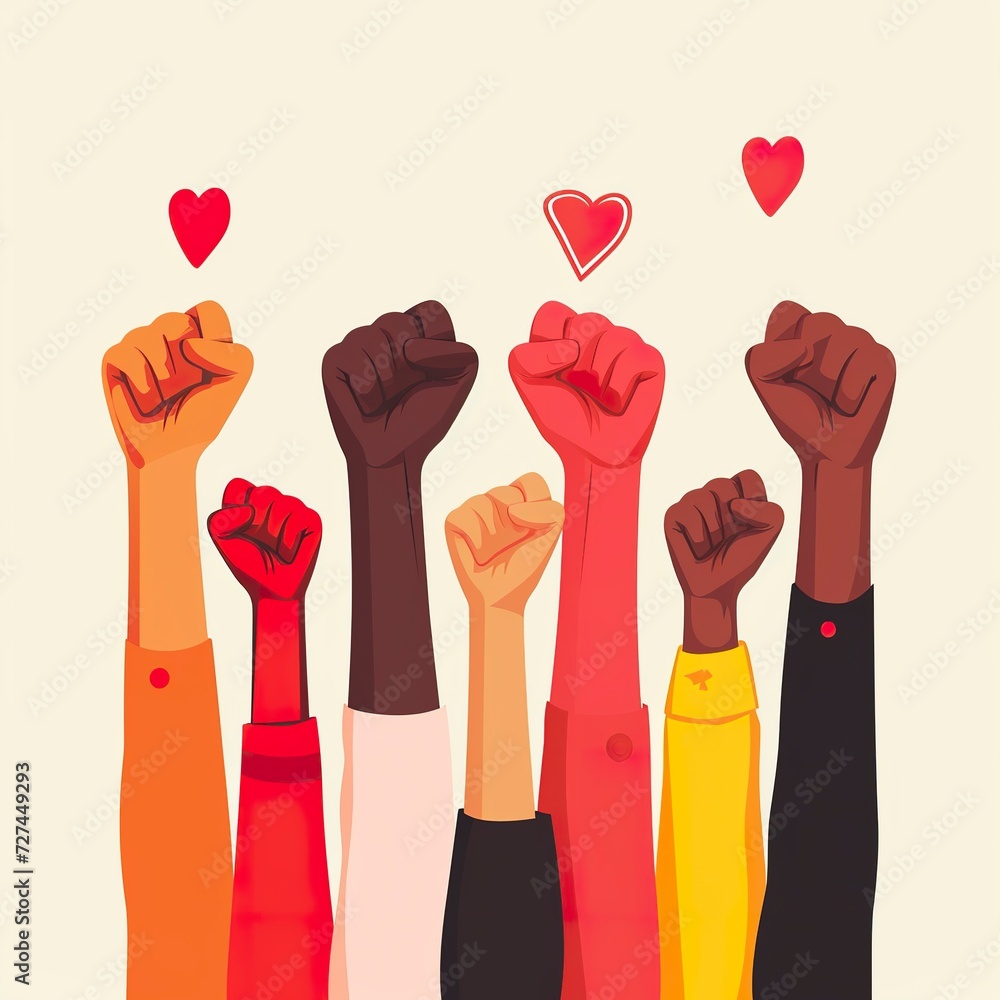 Illustration of multiracial human hands raised with clenched fists in a ...