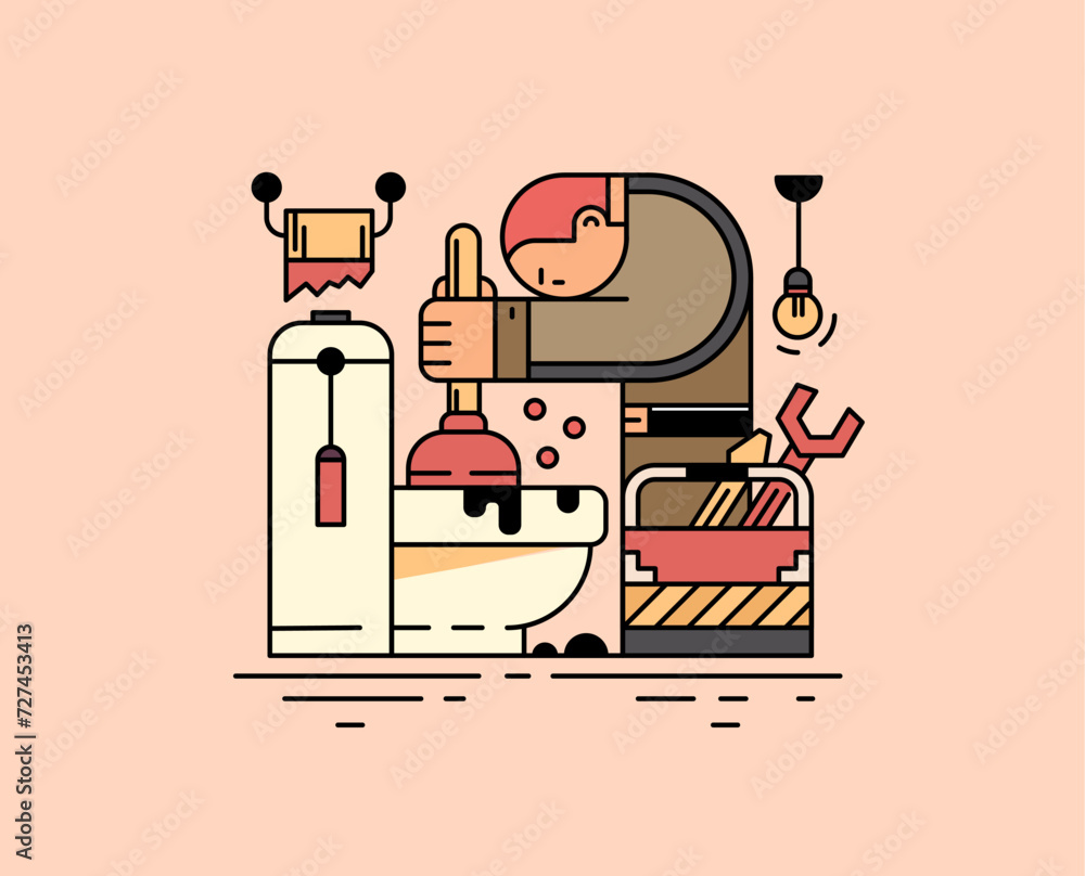 Plumbing service company. Plumber man is repairing toilet bowl using ...