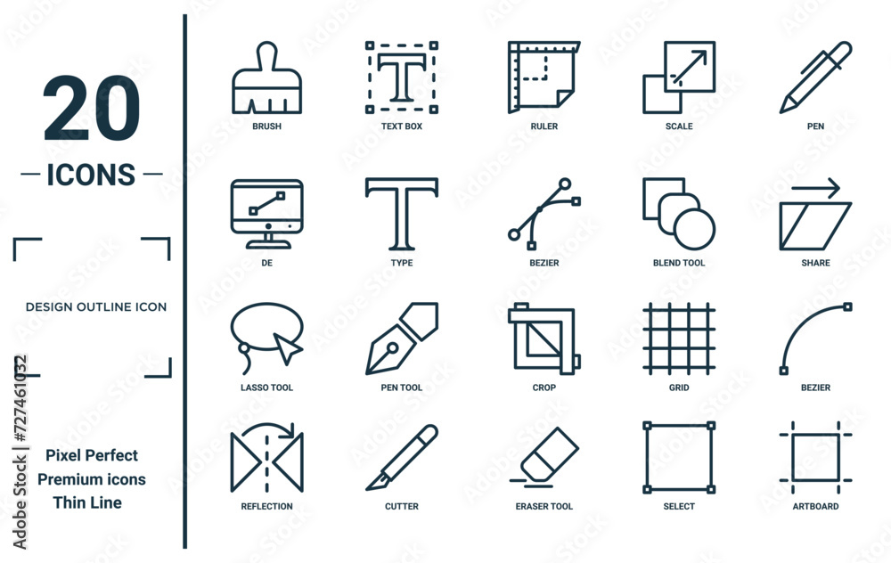 design outline icon linear icon set. includes thin line brush, de ...