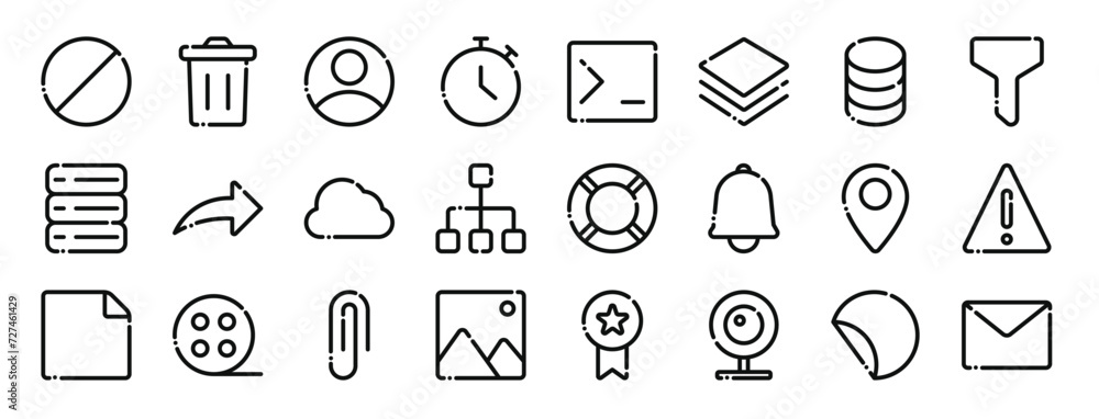 set of 24 outline web user interface icons such as restriction, waste ...