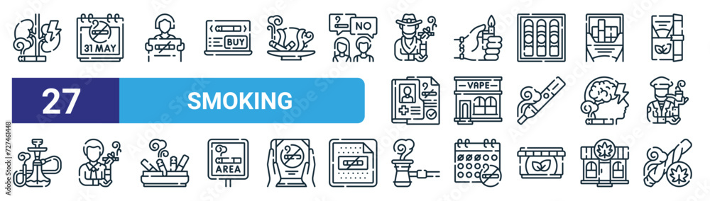 set of 27 outline web smoking icons such as kidneys, no tobacco day ...