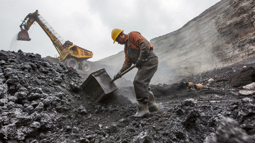 Working man mining stone rock coal in his hands,excavator in the ...