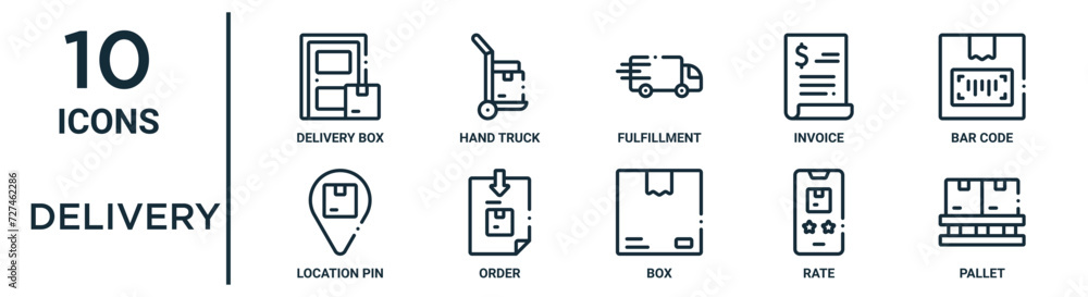 delivery outline icon set such as thin line delivery box, fulfillment ...