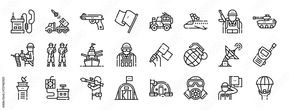 set of 24 outline web armed forces icons such as military radio ...