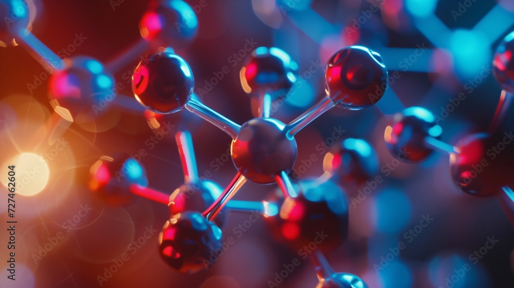 Vivid molecular model with interconnected red and blue spheres ...