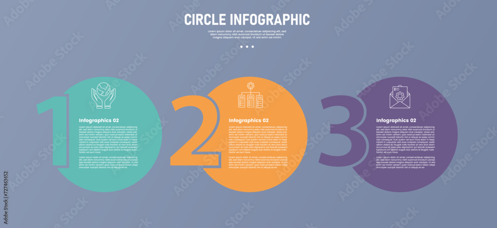 3 point circle infographic stage or step template with big numerical ...